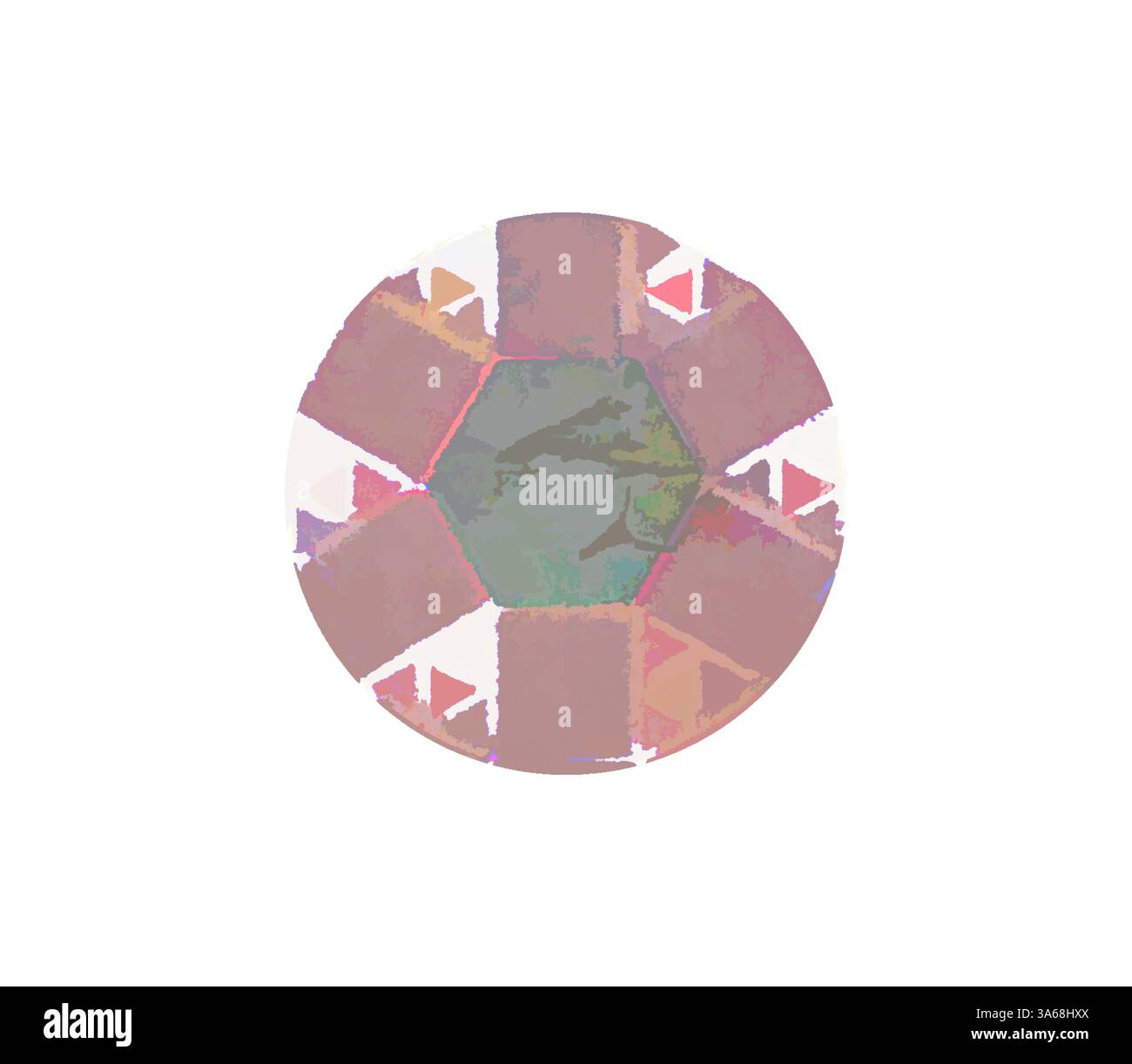 A circular design featuring a patchwork of geometric shapes in soft ...