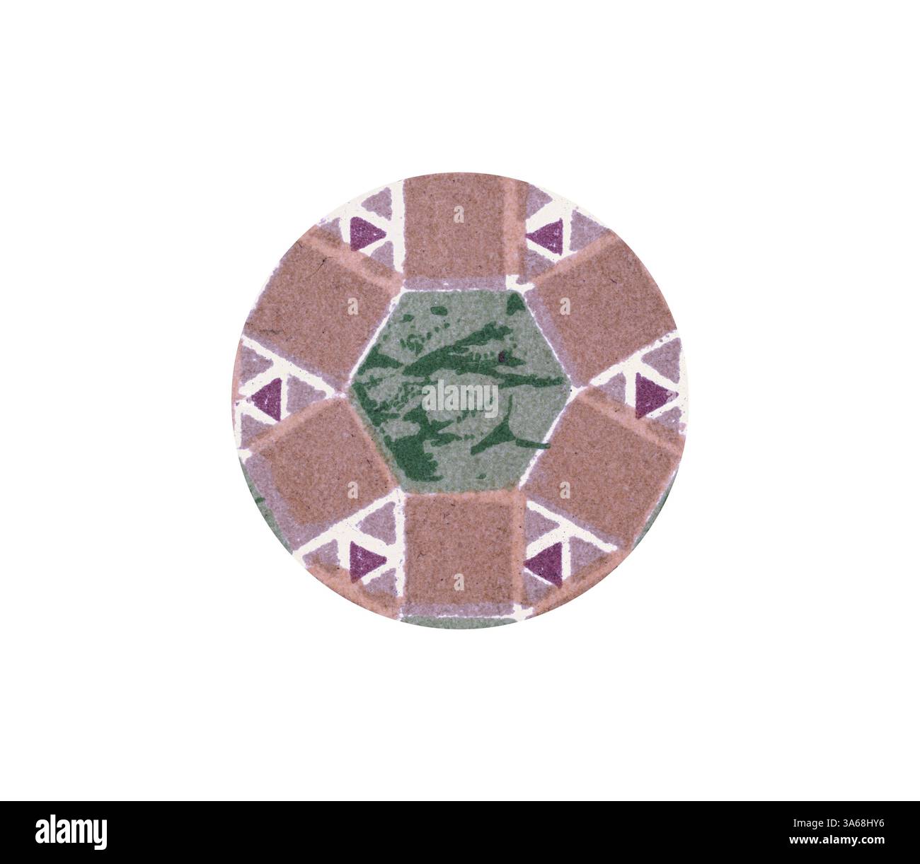 A circular tile featuring an intricate pattern with hexagonal and ...