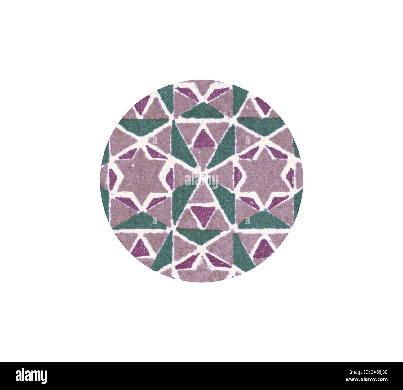 A circular pattern featuring geometric shapes in shades of purple ...