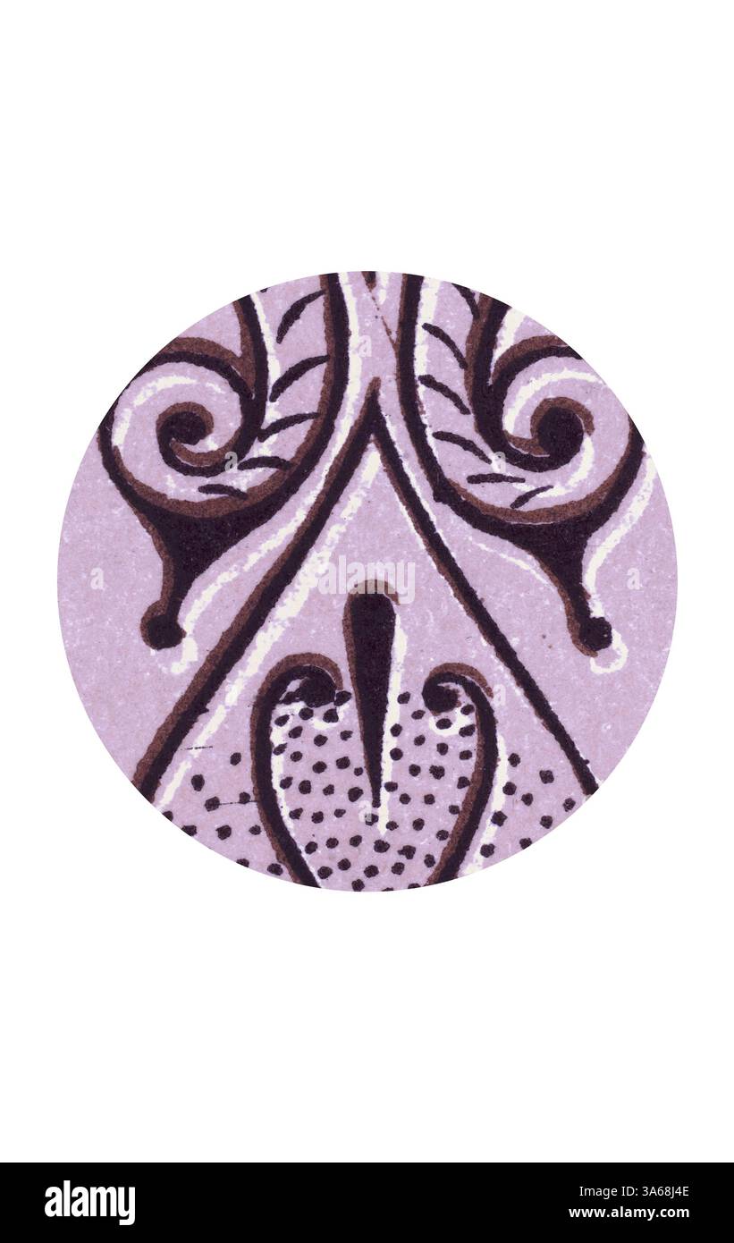 An intricate design featuring curved lines, floral motifs, and dotted ...