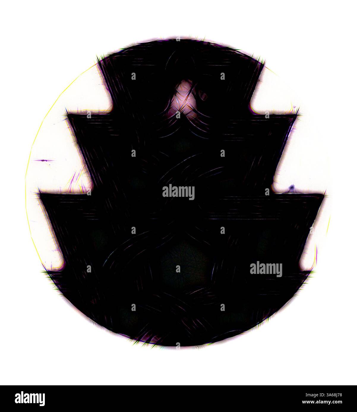 A stylized circular design featuring layered triangular shapes ...