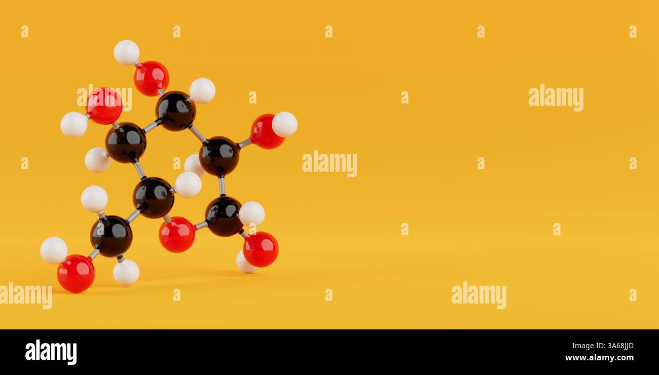Structural Model of Glucose Molecule on a yellow background. 3d ...