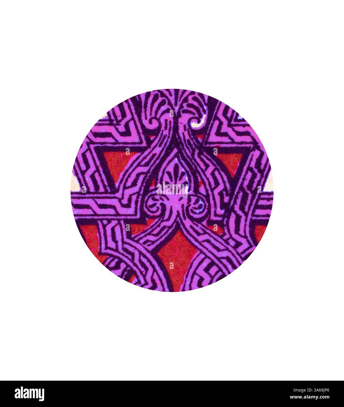 An intricate circular pattern featuring bold purple and red designs ...