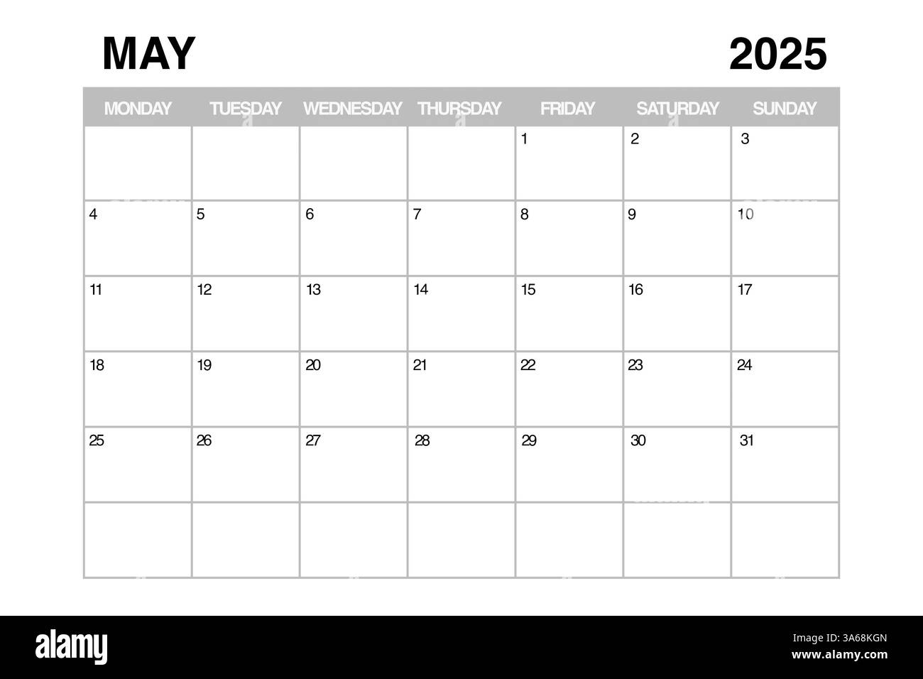 May 2025 Monthly Calendar Planner Template on a white background. 3d ...