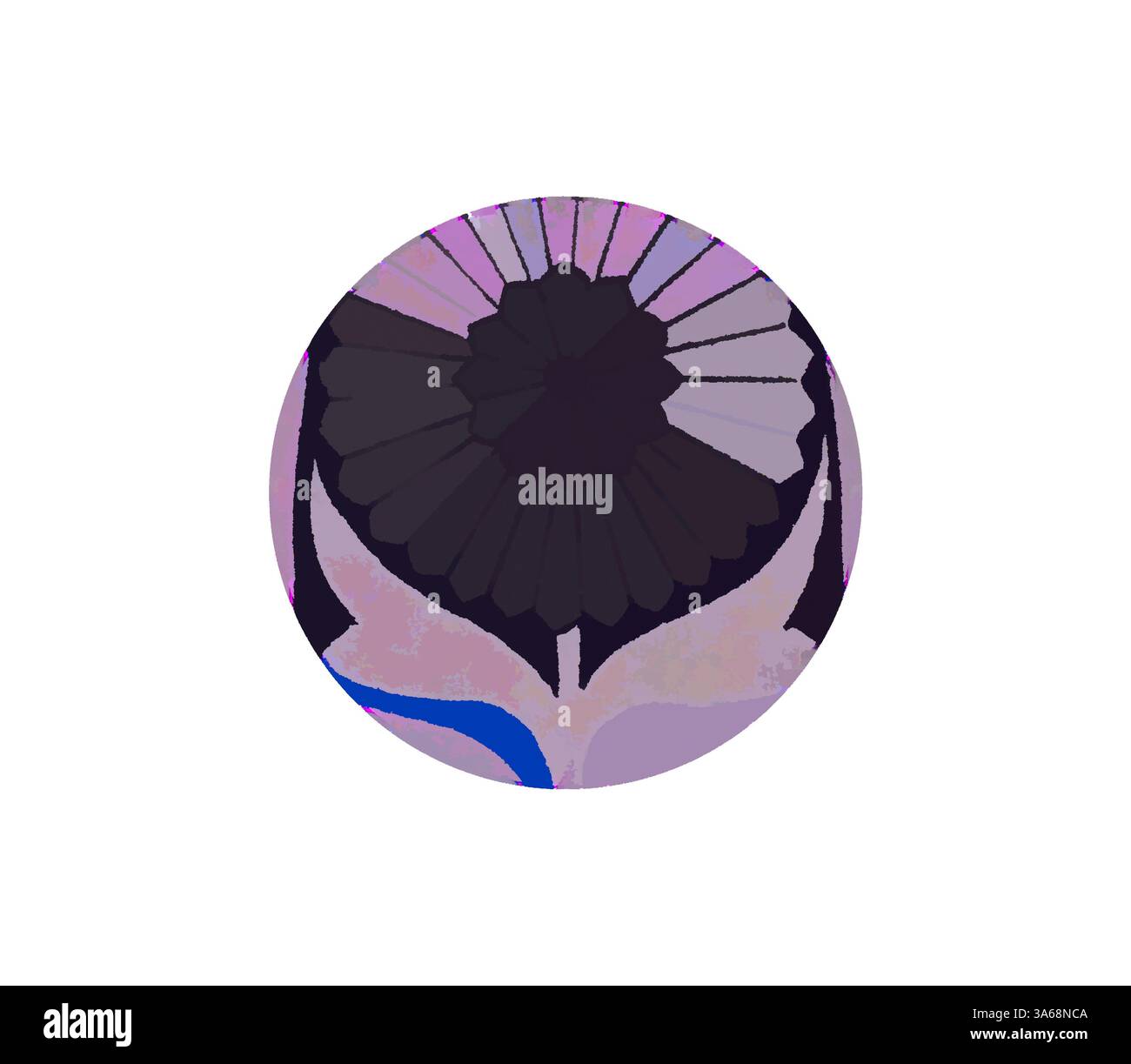 A stylized circular design featuring a central floral motif with ...