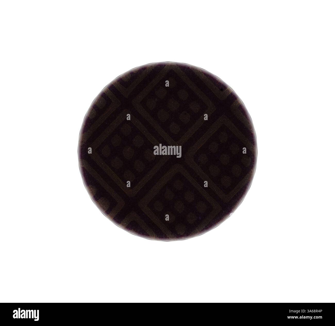 A circular object featuring a geometric pattern of diamonds and dots ...