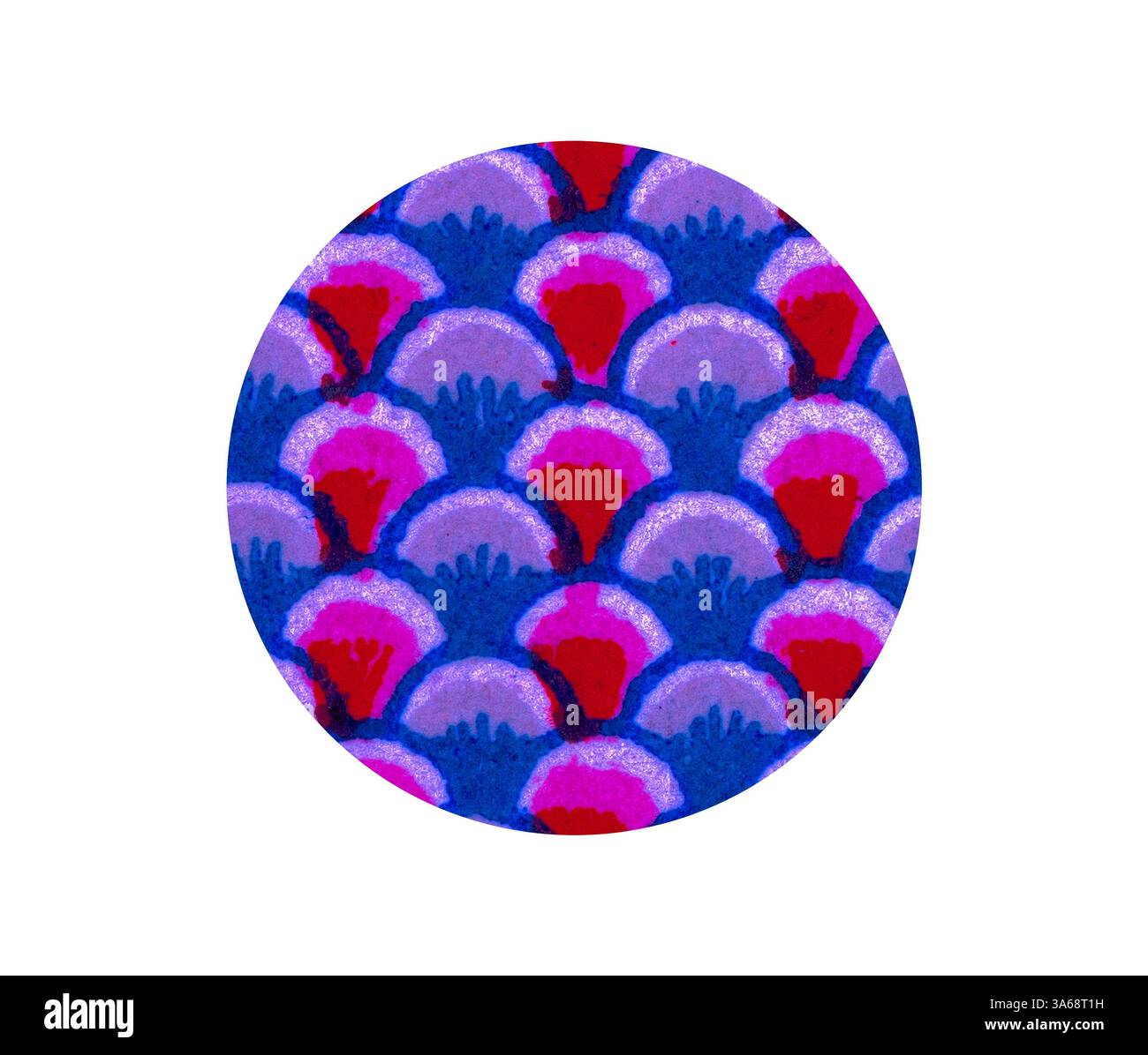A vibrant pattern features overlapping scalloped shapes in shades of ...
