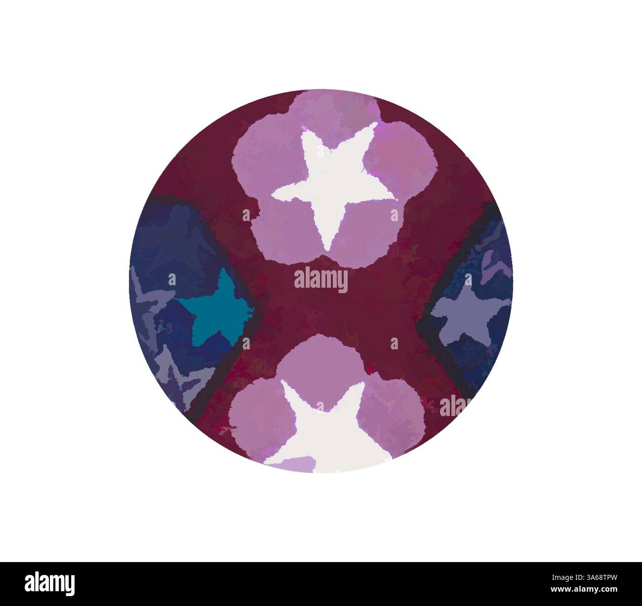 A circular design featuring overlapping floral shapes and stars ...