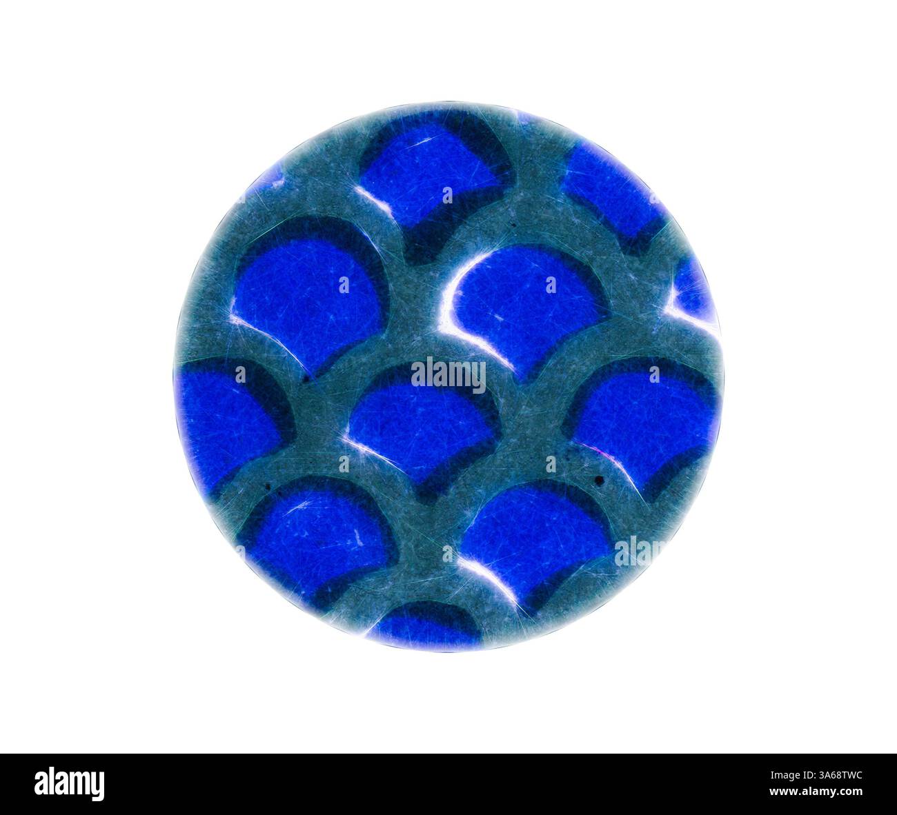 A circular design featuring a vivid blue pattern of overlapping shapes ...