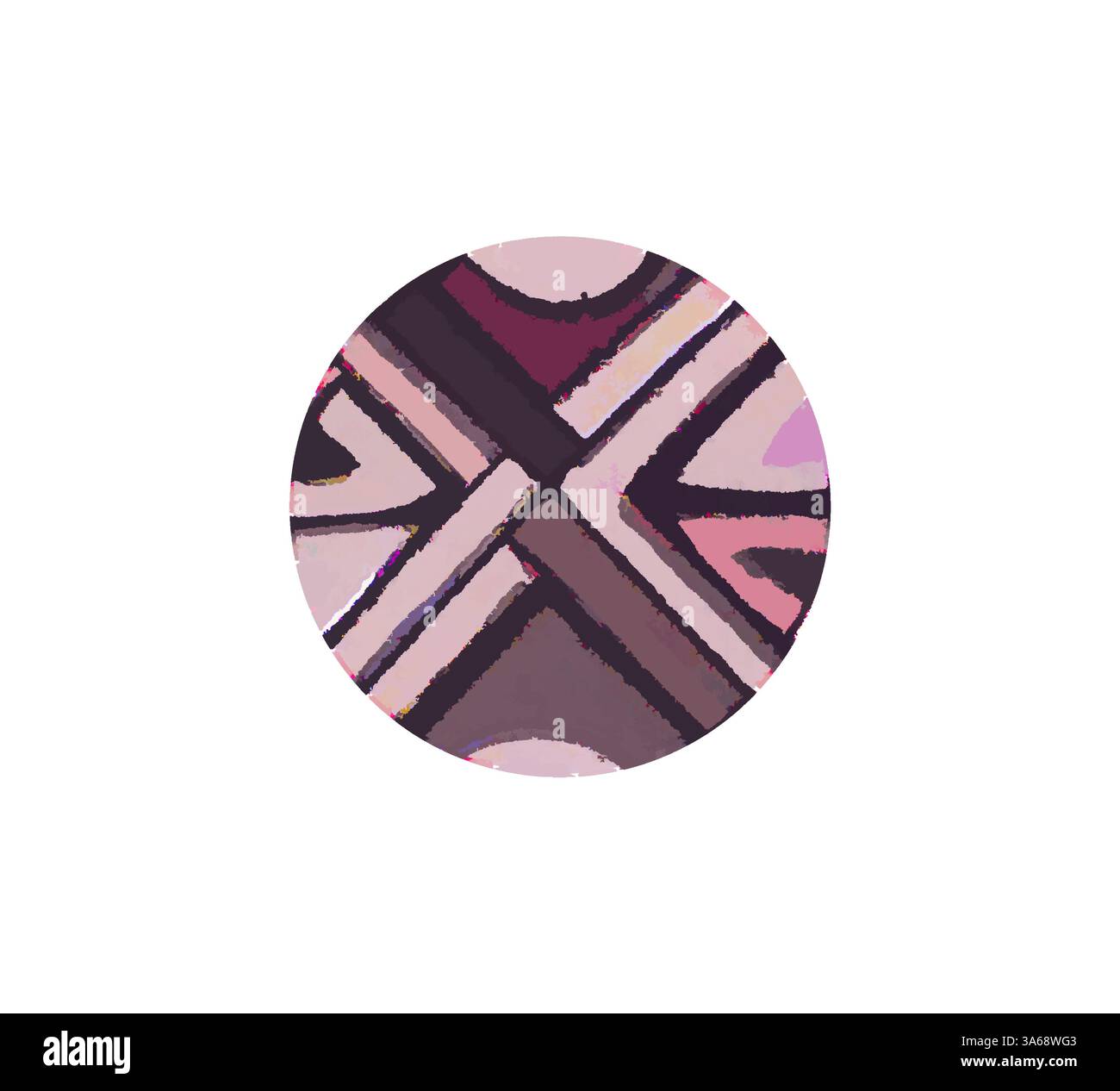 A circular design featuring intersecting patterns in shades of pink, purple, and cream, creating ...