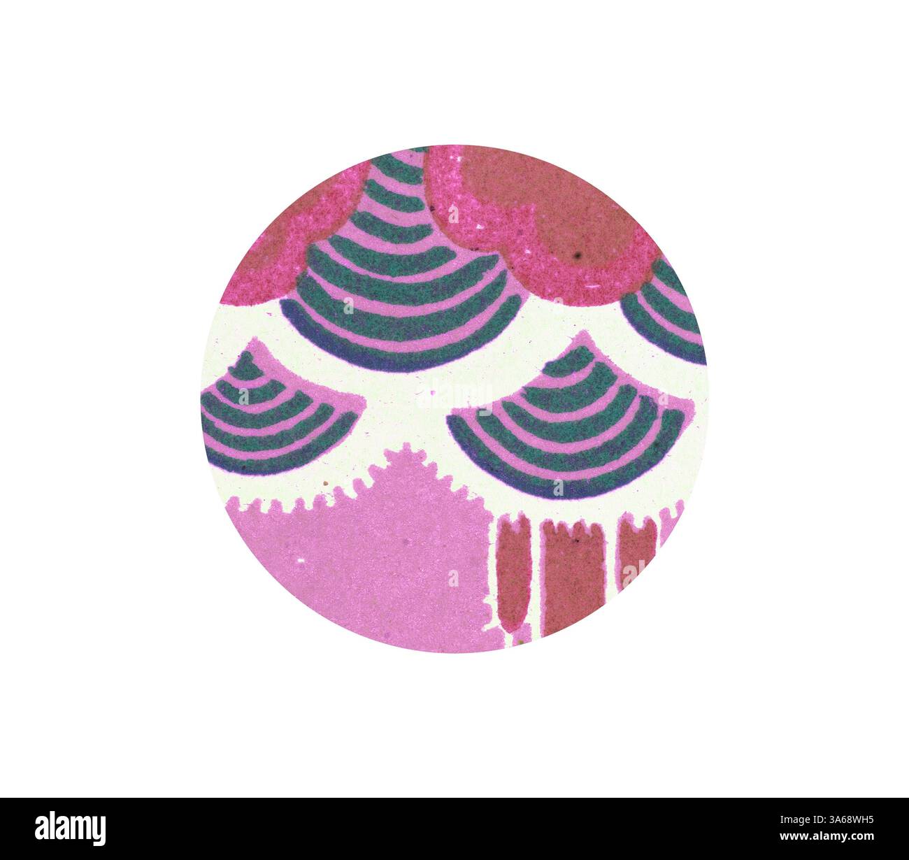 A circular design featuring stylized tree-like shapes in shades of pink ...