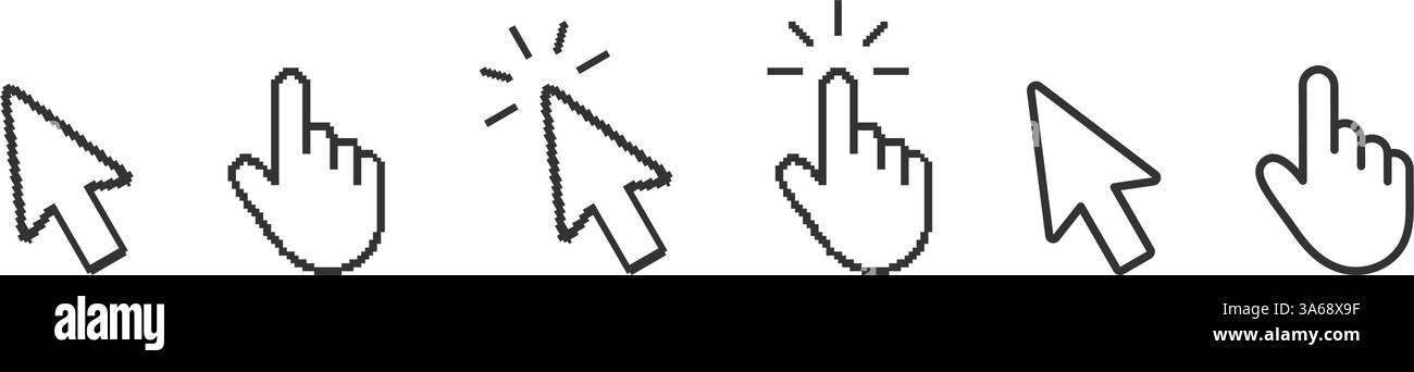 Cursor And Hand Pixelated Icon Set. Pixel Art Symbol Collection Of ...