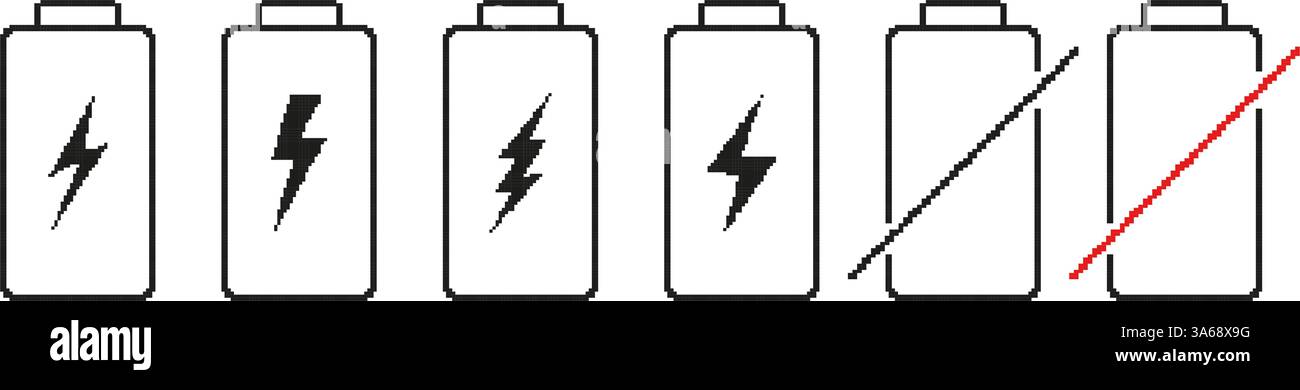 Battery Charge Levels Pixelated Icon Set. Pixel Art Symbol Collection ...