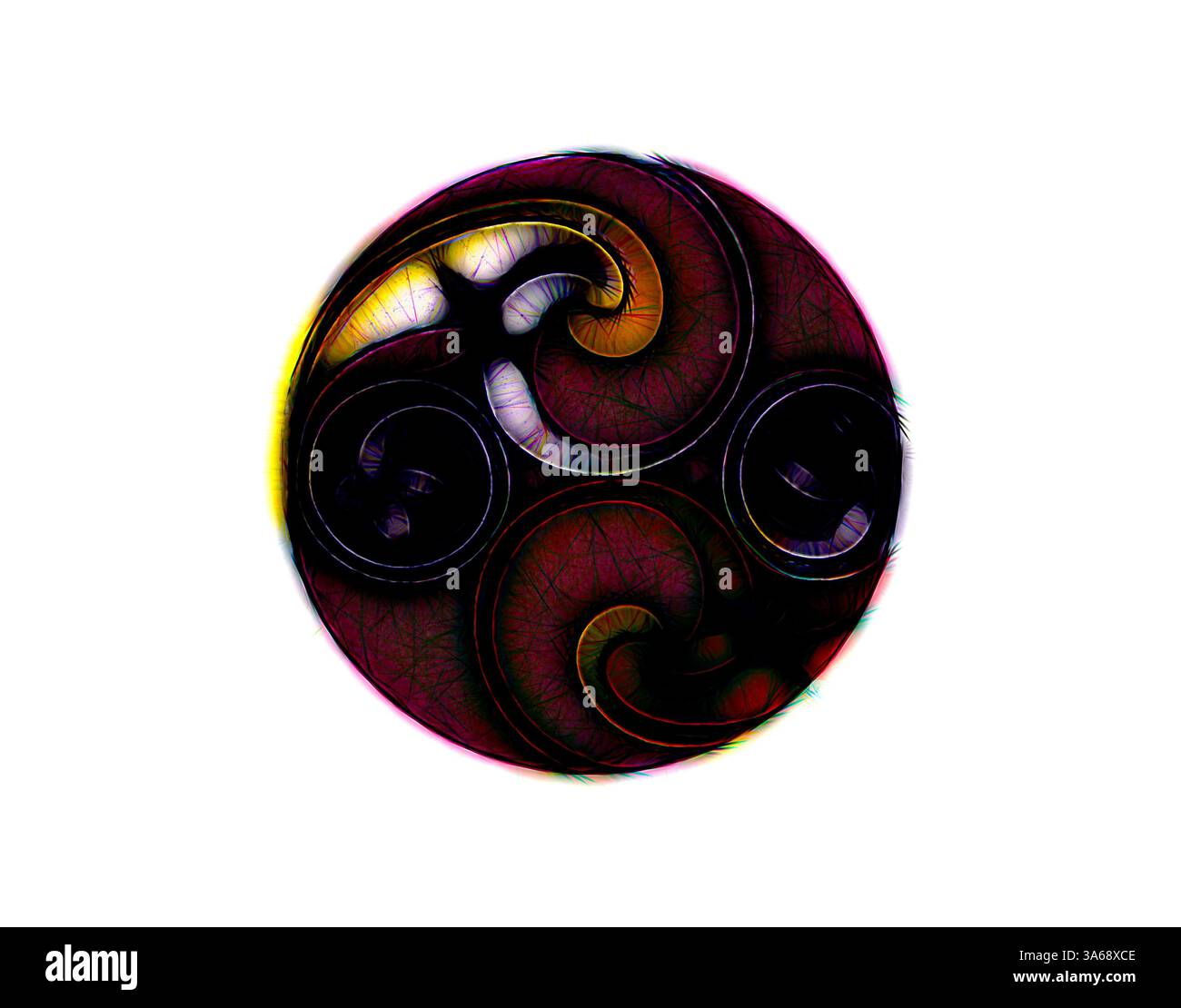 A circular design featuring intricate swirls and spirals in a vibrant ...