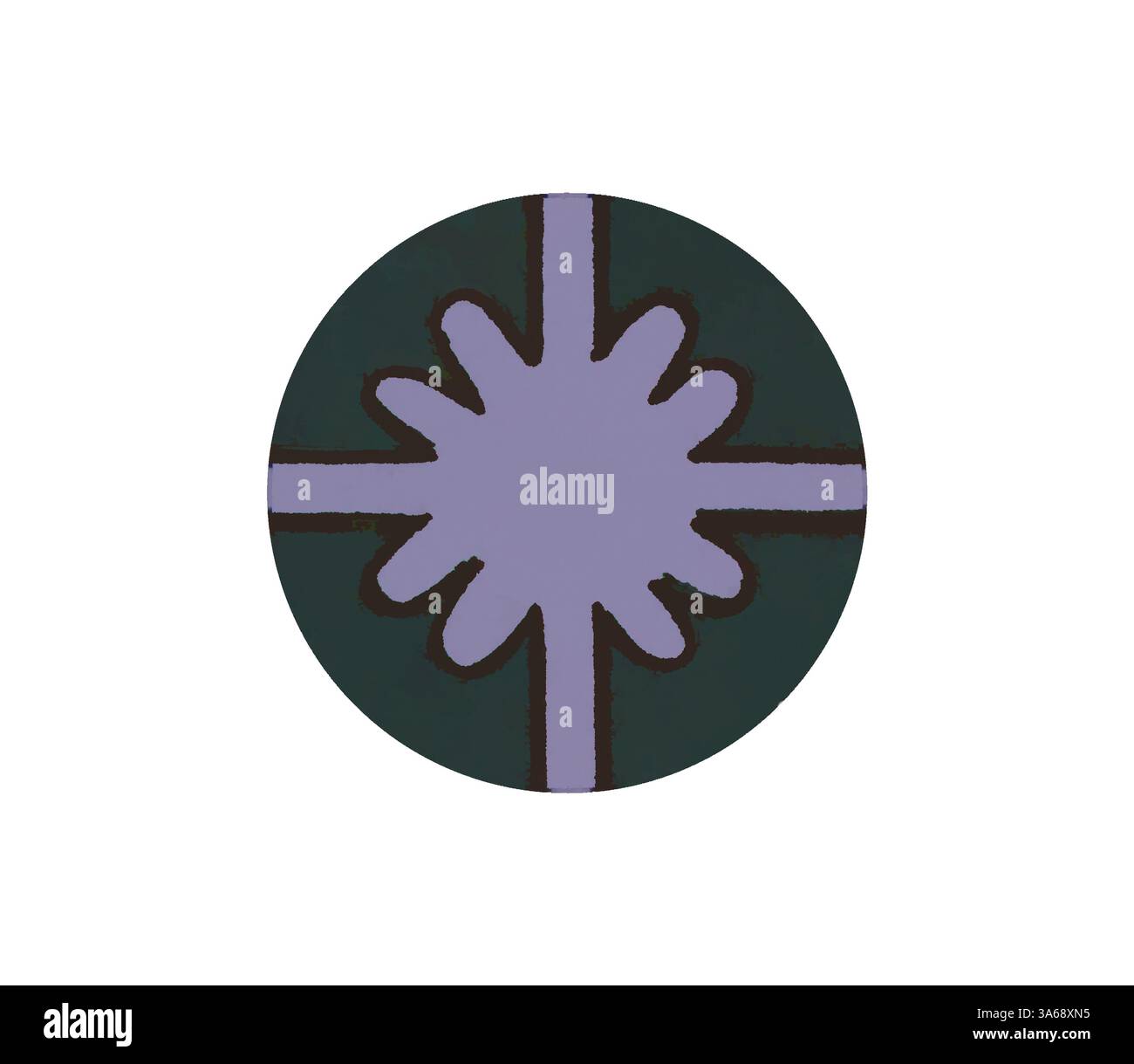 A circular design featuring a central purple shape with spiky ...