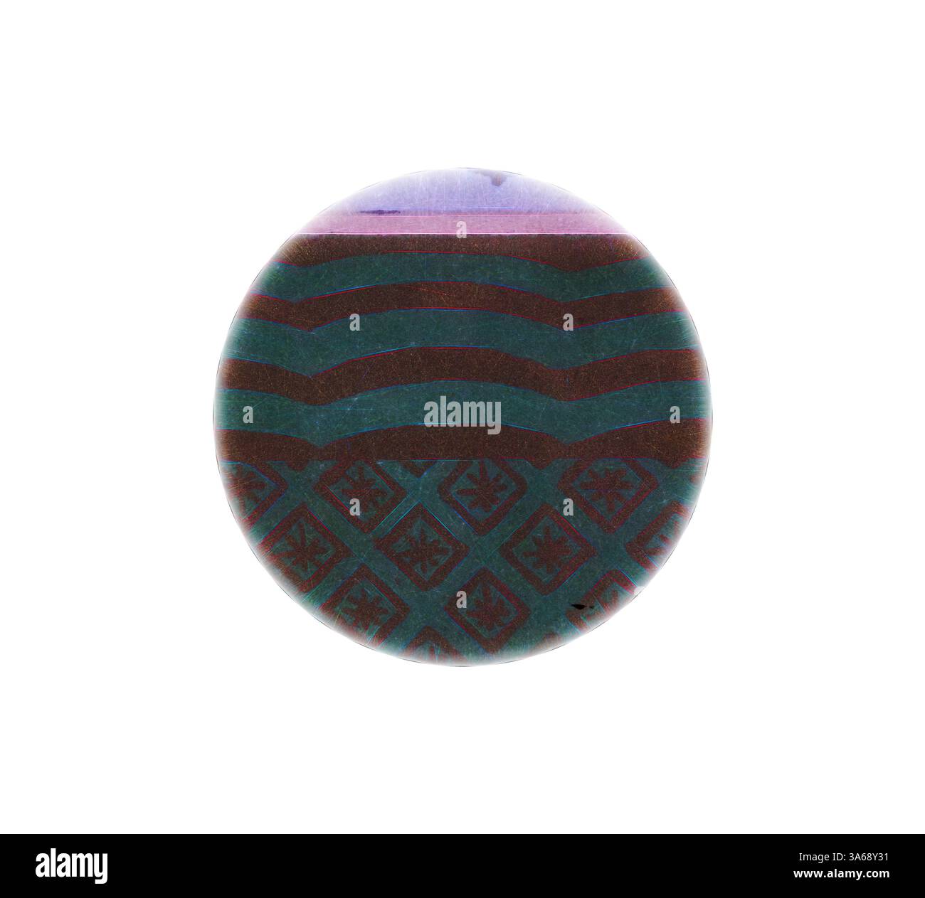 A round object featuring layered patterns in rich colors, showcasing ...