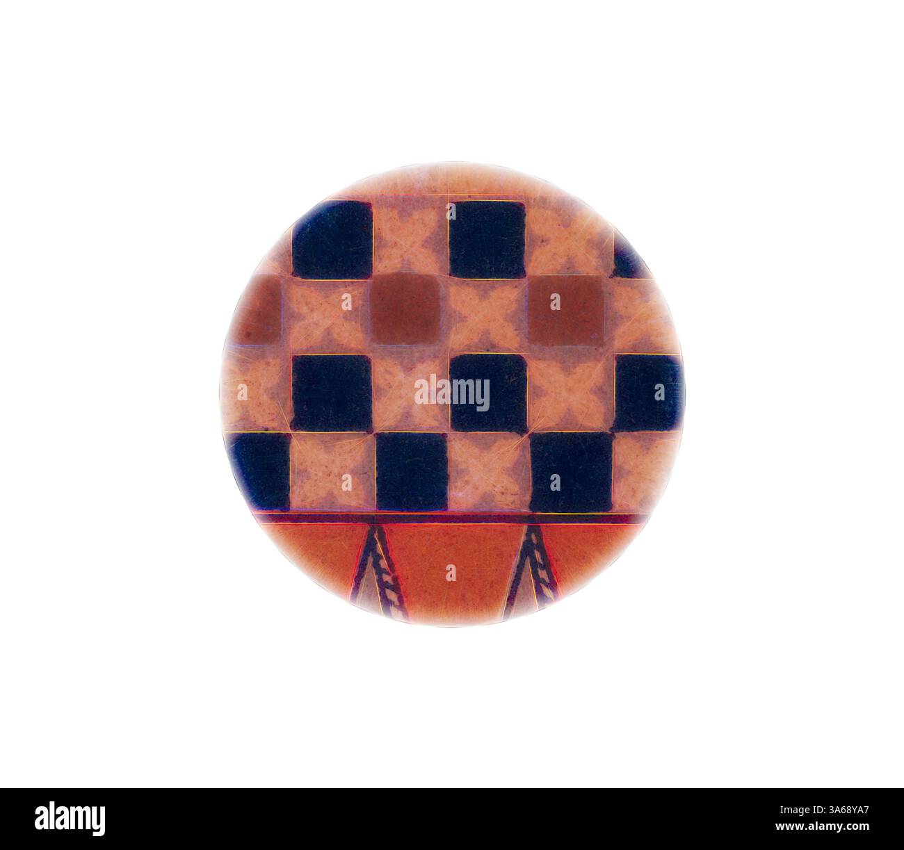 A circular design featuring a checkerboard pattern in shades of blue ...