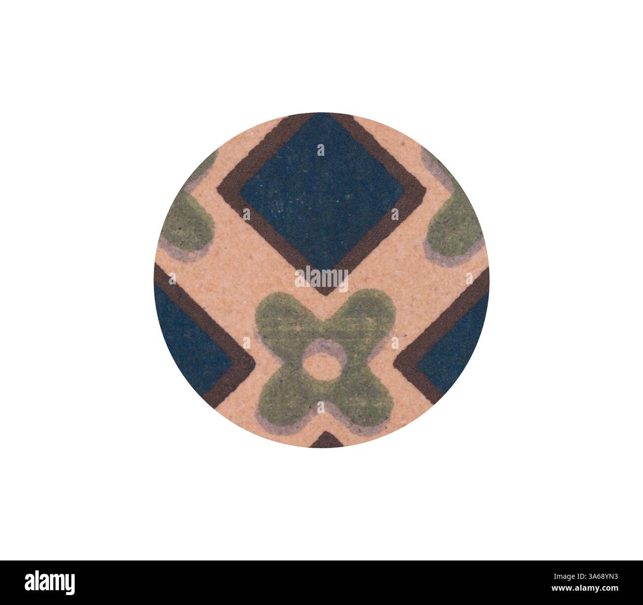 A circular design featuring geometric patterns with blue diamonds ...