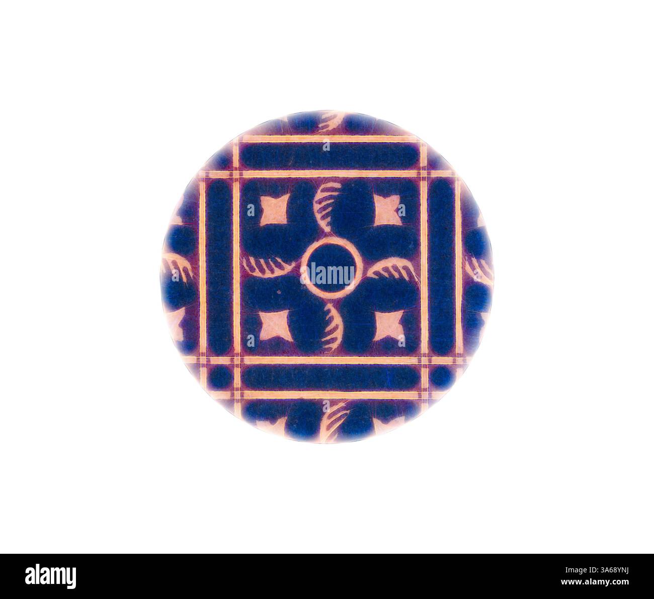 A circular tile featuring an intricate, symmetrical design with bold ...