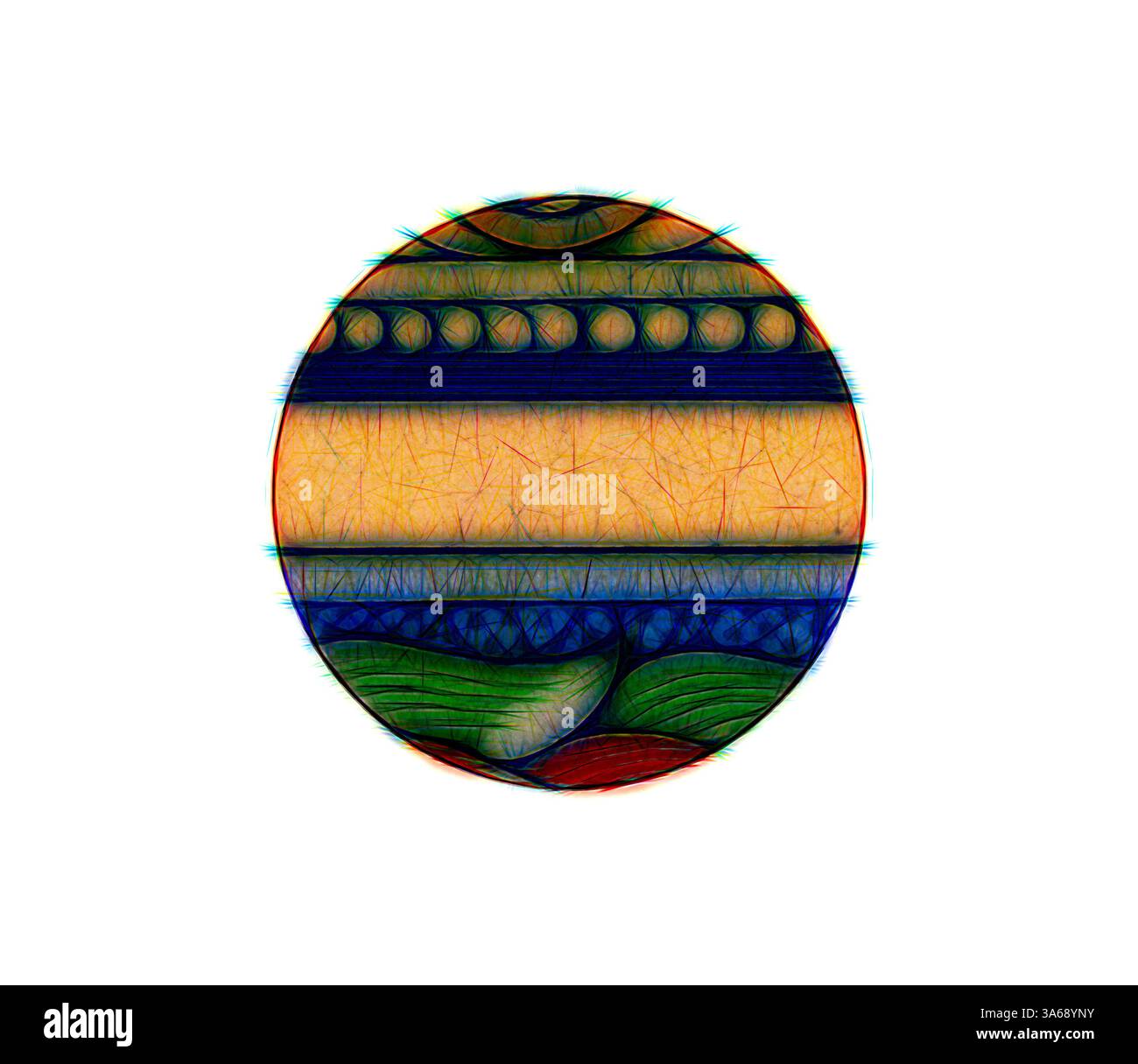 A circular design featuring layered patterns of varying colors and ...