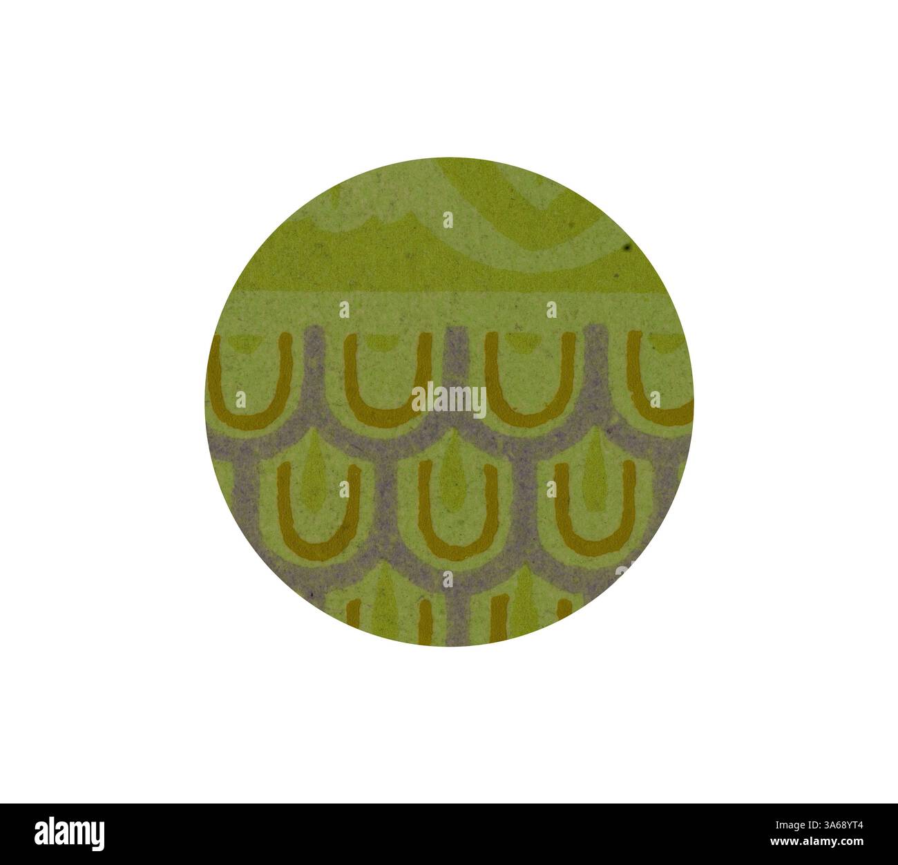 A circular design featuring a textured green background with layered ...