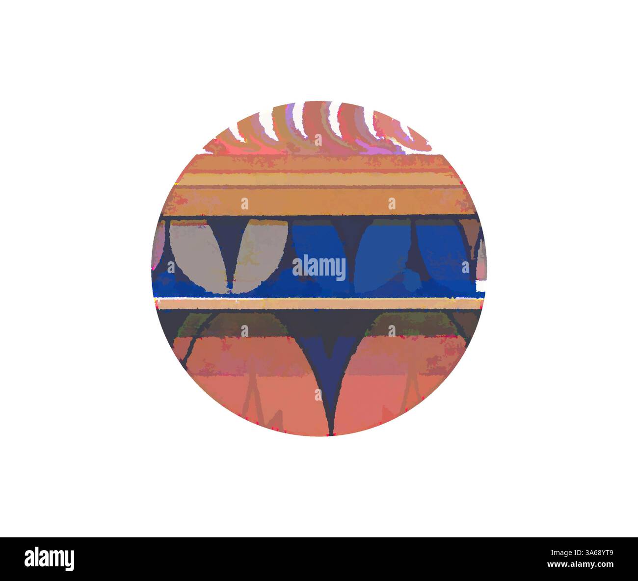 A circular design featuring vibrant patterns of blue, pink, and white ...