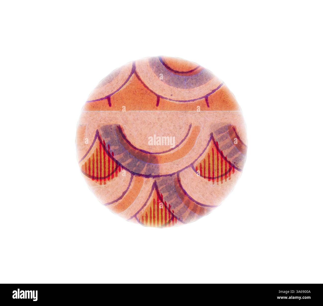 A circular object featuring intricate patterns in warm tones ...