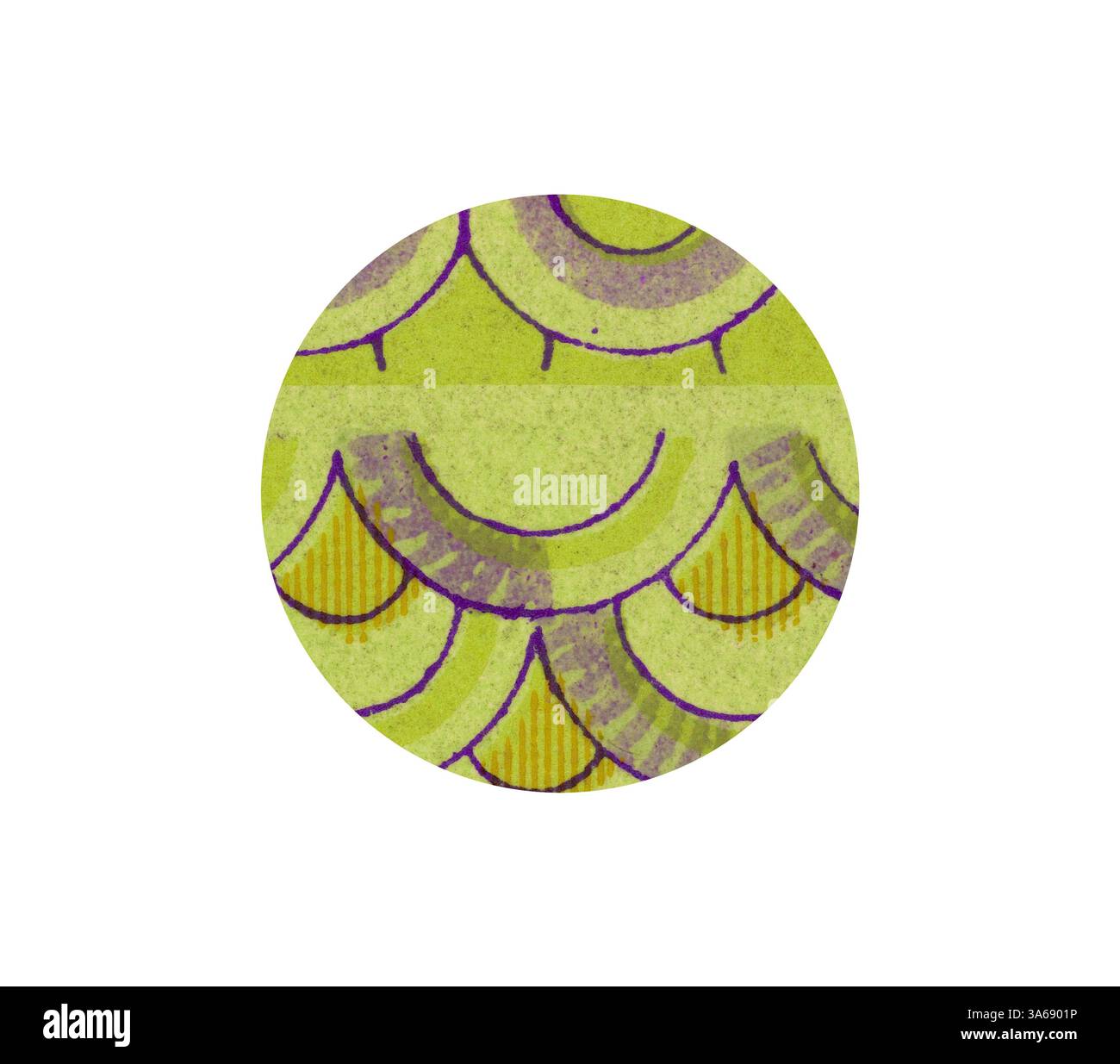 A circular design featuring layered scallops in vibrant green, accented ...