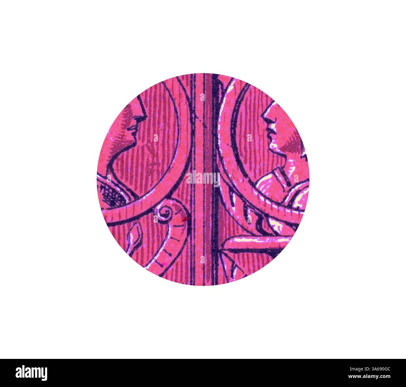 Two stylized figures face each other, framed by ornate, swirling lines ...