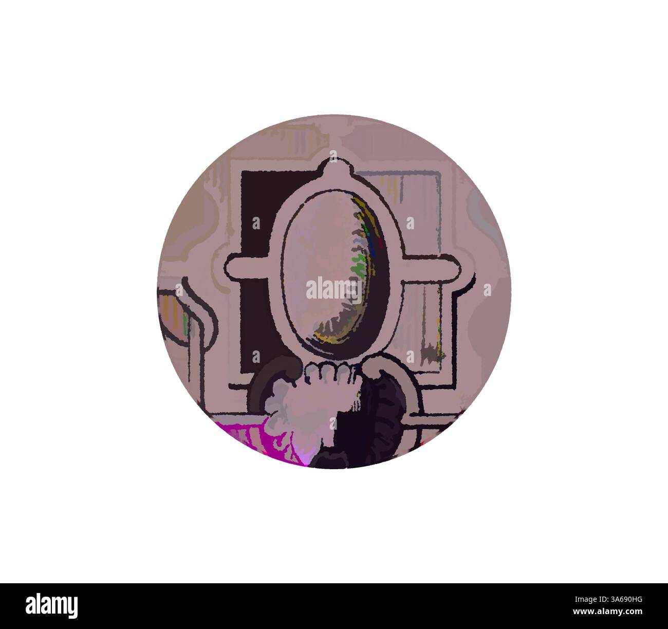 A whimsical character dressed in regal attire admires their reflection ...