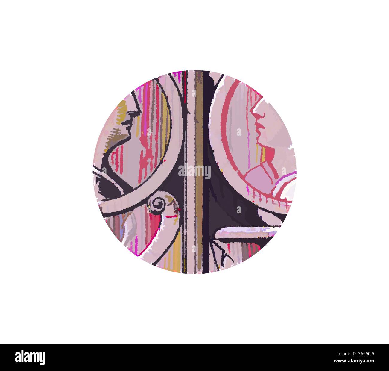 A close-up of two stylized profiles facing each other, framed by ornate ...