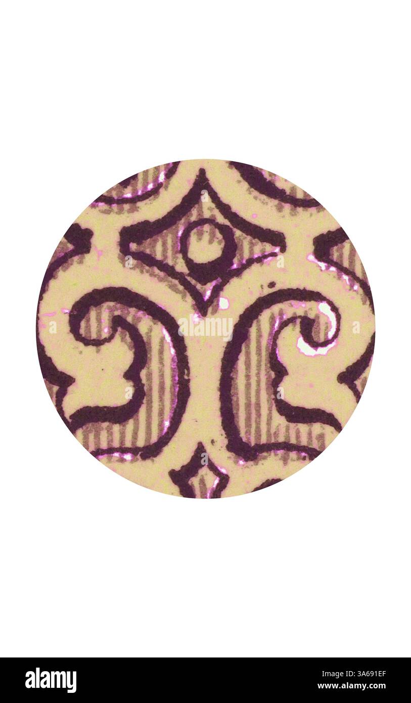 A circular pattern featuring intricate, scrolling designs in rich hues ...