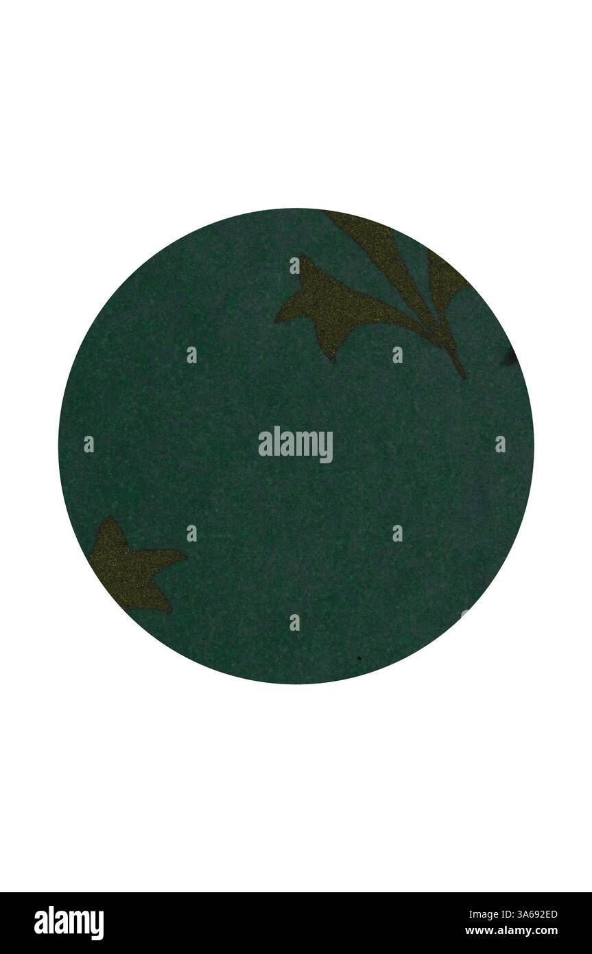 A circular design featuring a dark green background adorned with subtle ...
