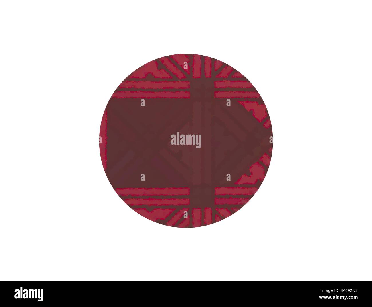 A circular design featuring a rich, deep red background with intricate ...
