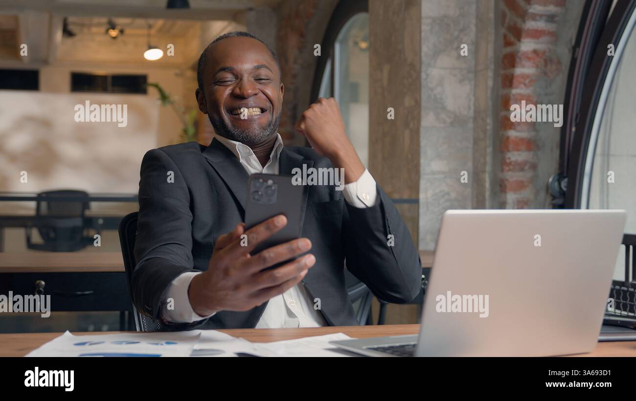 Happy business achieve success African American adult manager middle ...