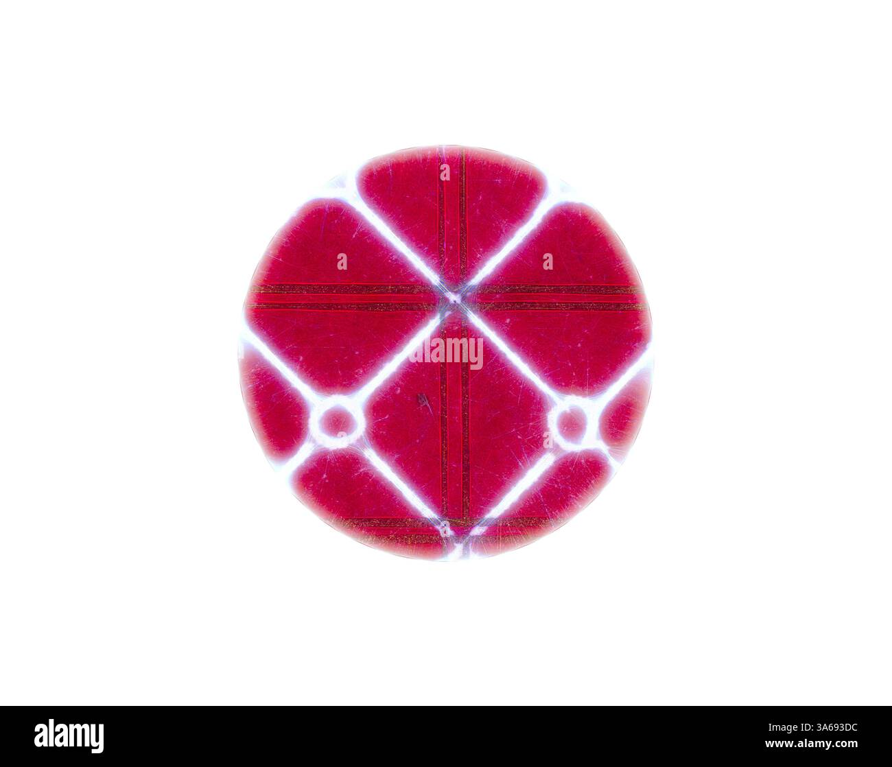 A circular, brightly colored object featuring a geometric pattern of ...