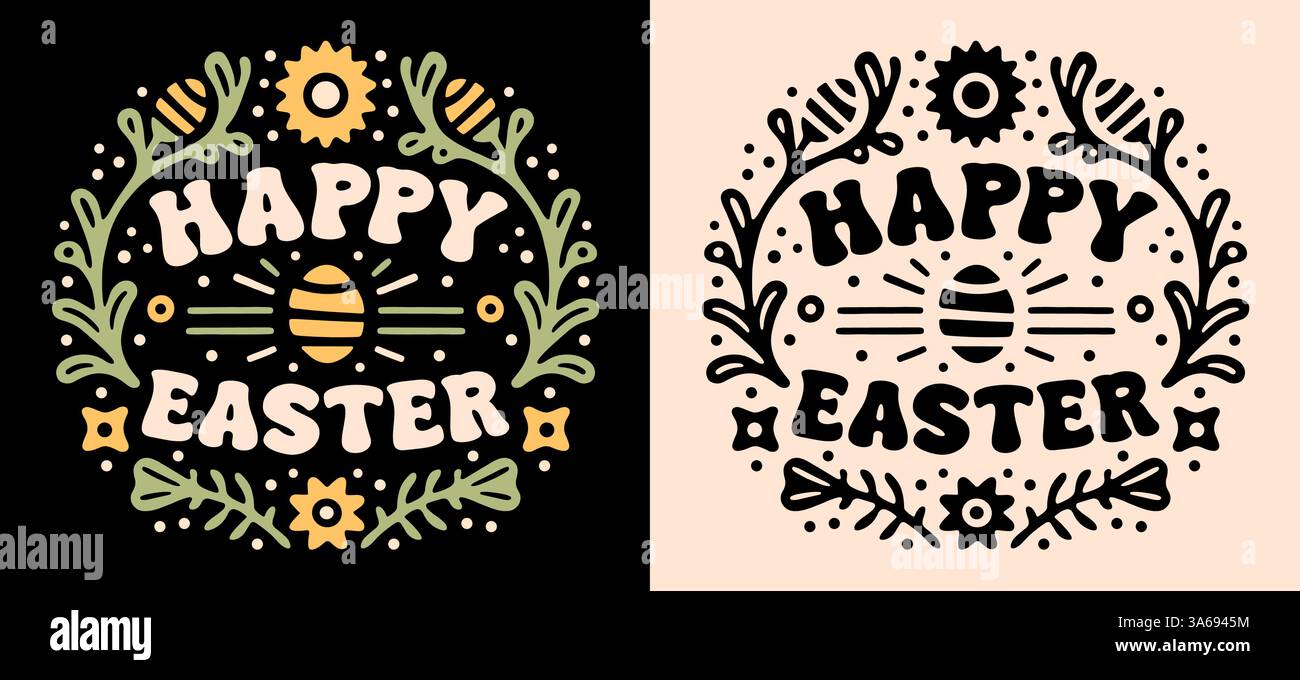 Happy Easter round badge lettering card cute floral plants flowers eggs ...
