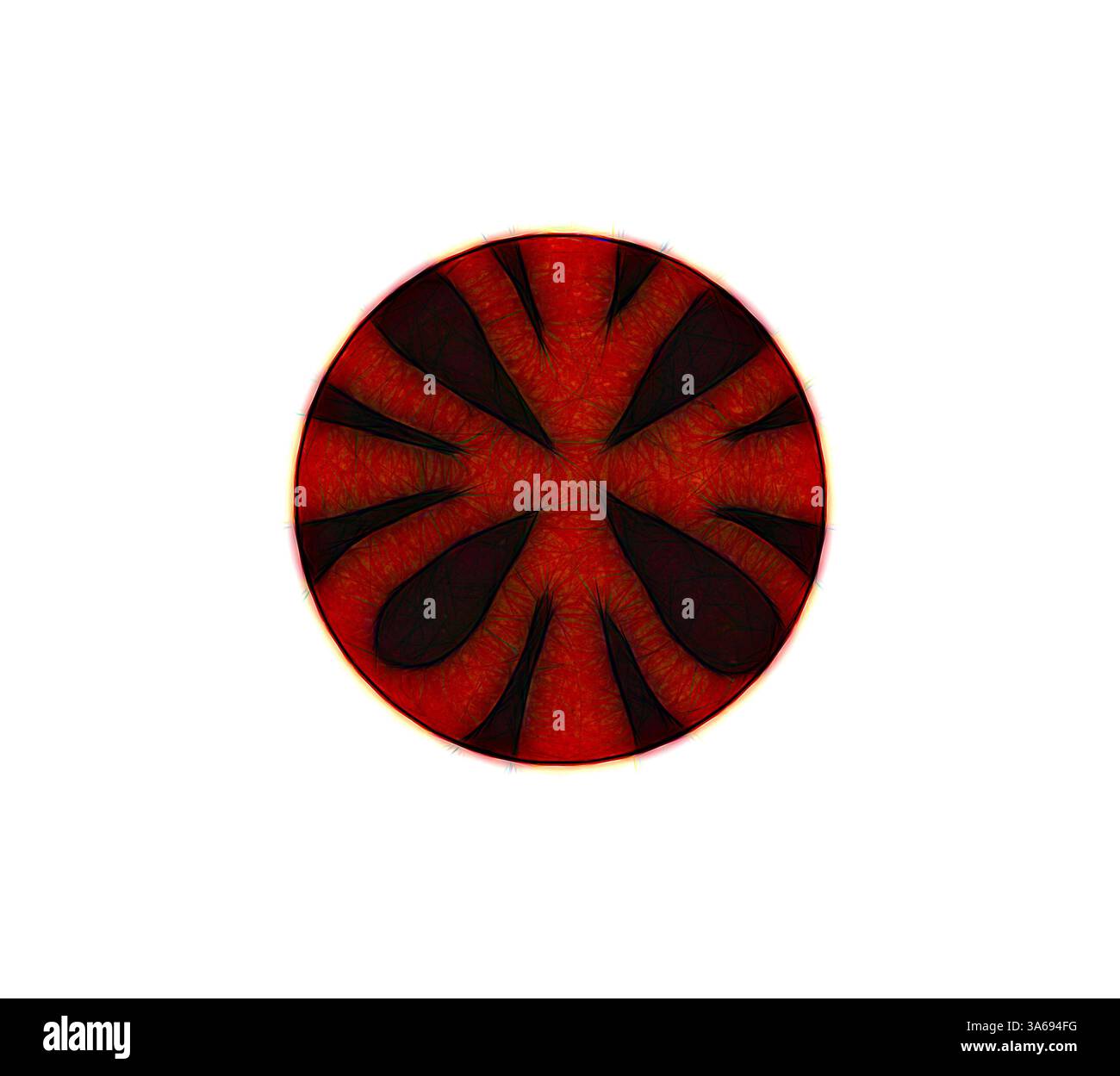 A circular design featuring overlapping shapes with a vibrant red hue ...