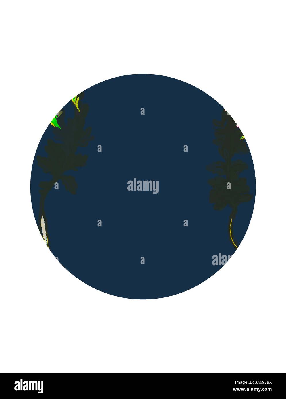 A circular design featuring stylized foliage on a dark background ...