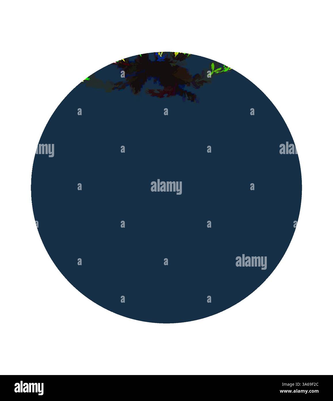 A circular scene featuring vibrant colors at the top, fading into a ...