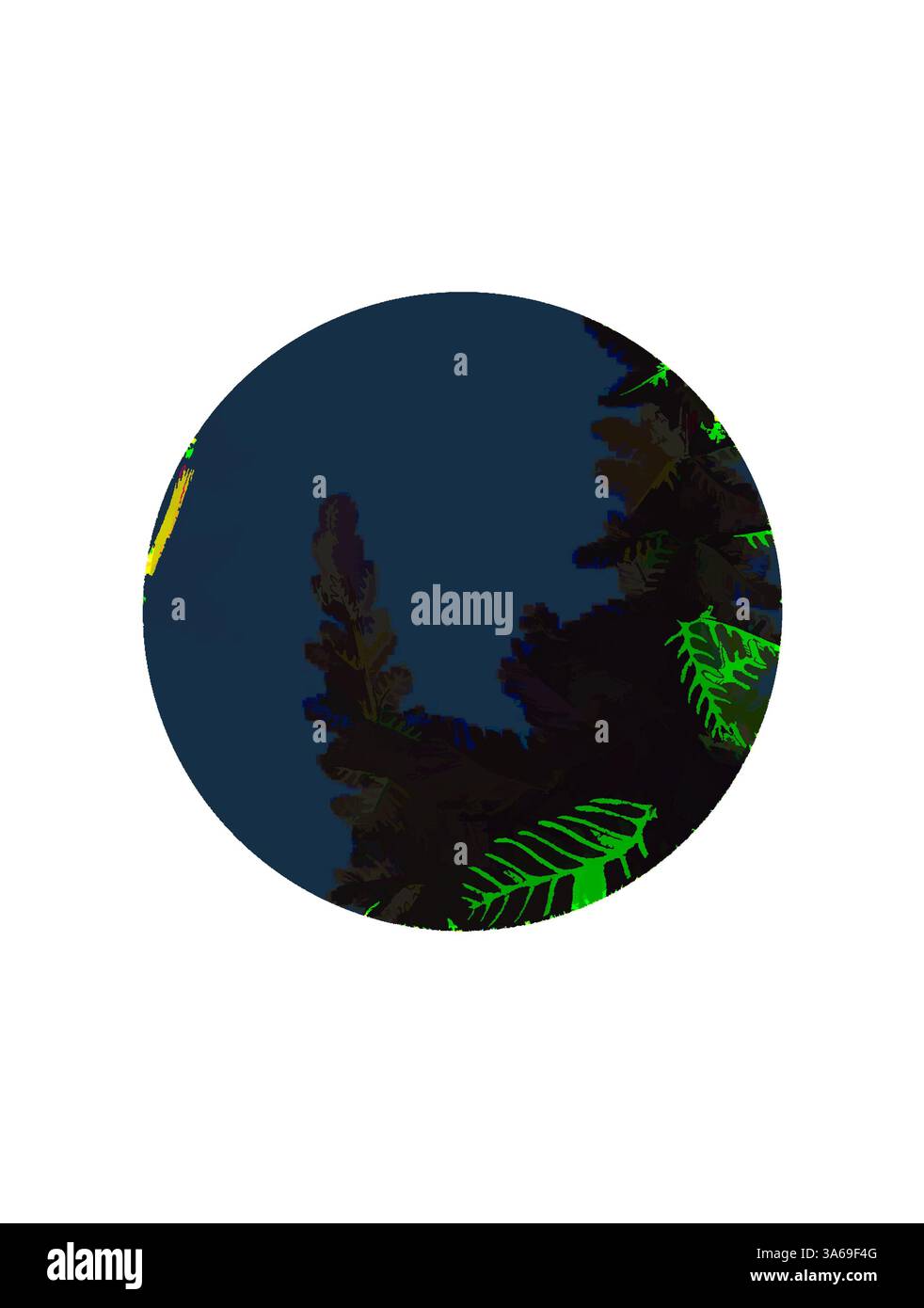 A circular scene featuring a dark blue sky contrasted with silhouettes ...