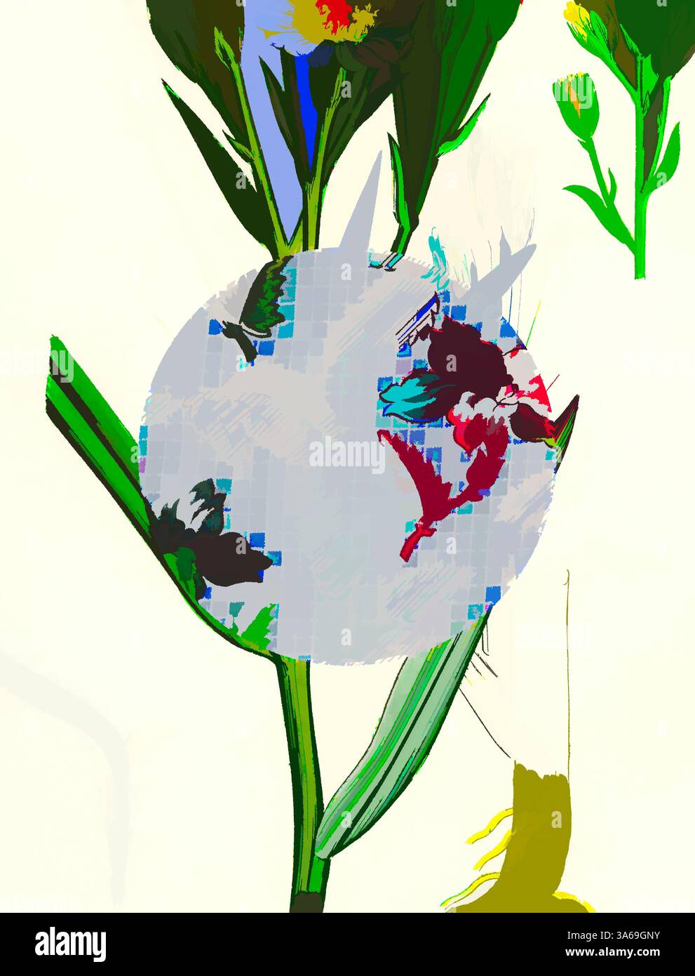 An abstract representation featuring vibrant flowers intertwined with ...