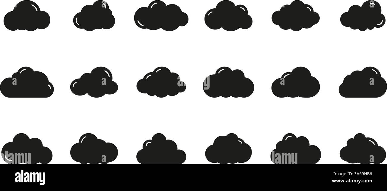 Cloud shapes solid icon set. Collection of various cloud configurations ...