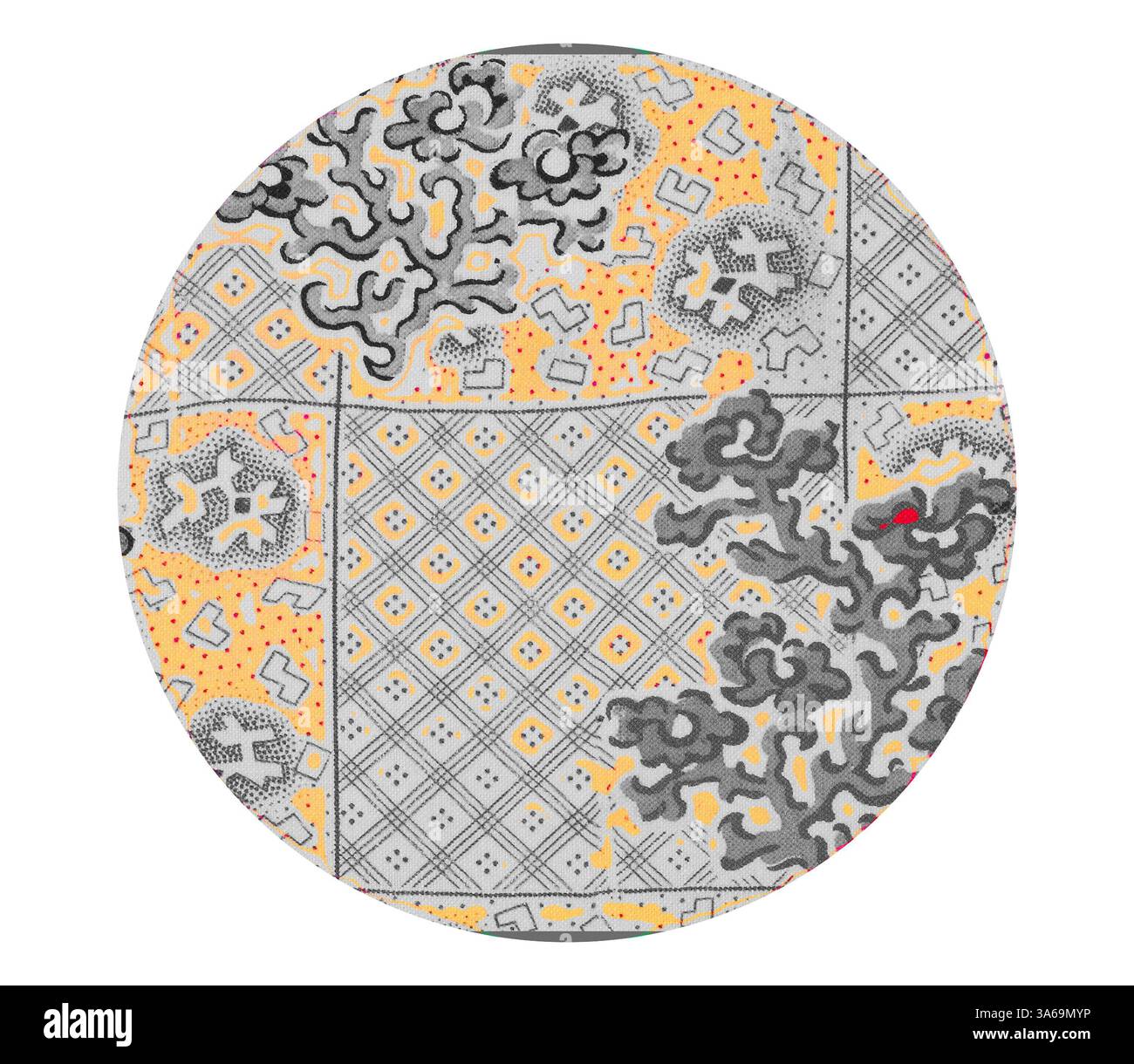 A circular design featuring intricate patterns and shapes, blending ...