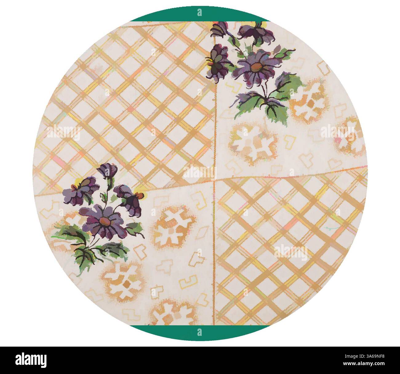 A circular design featuring a patterned fabric divided into quadrants ...