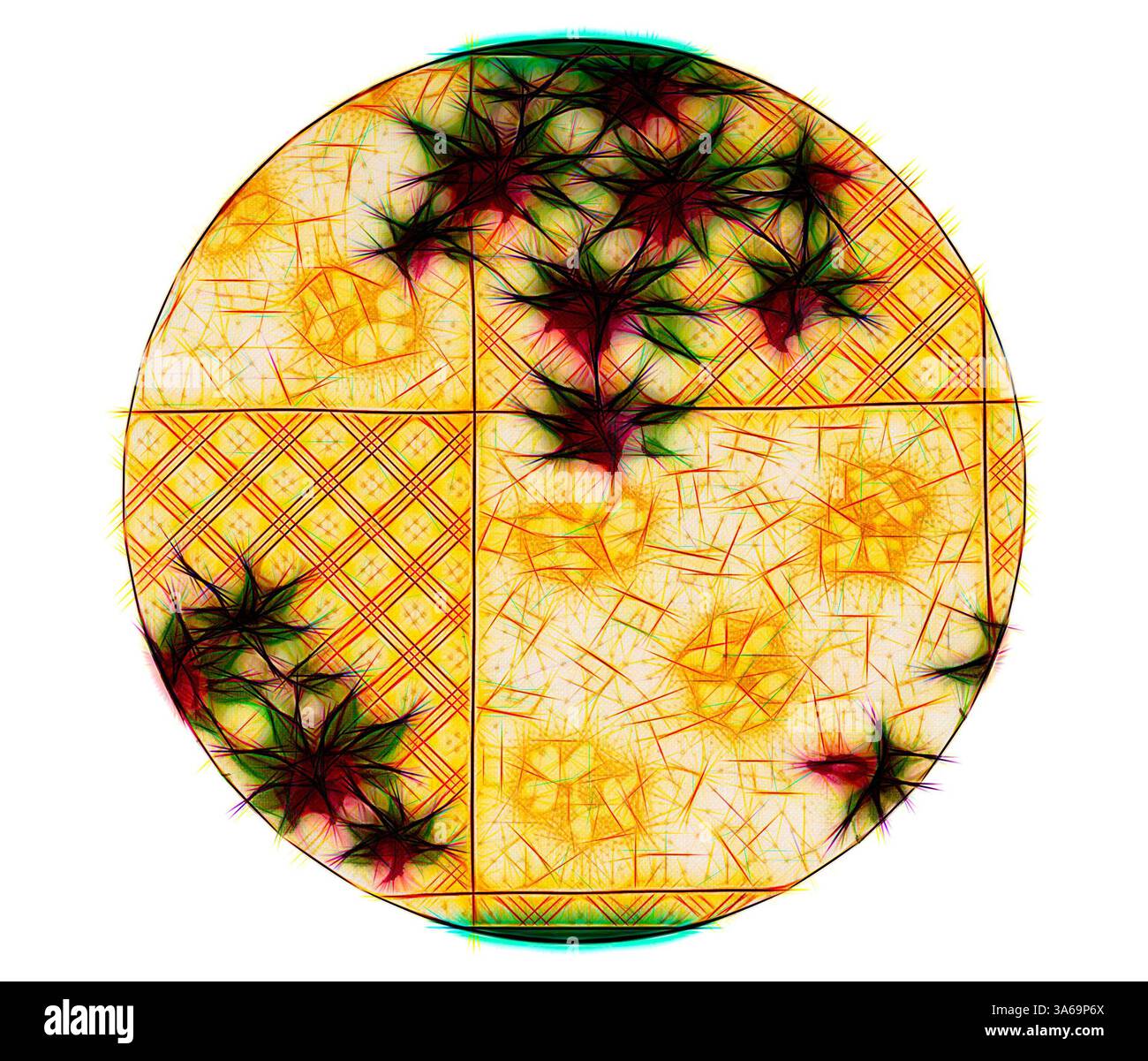 A vibrant circular pattern displays intricate geometric shapes ...