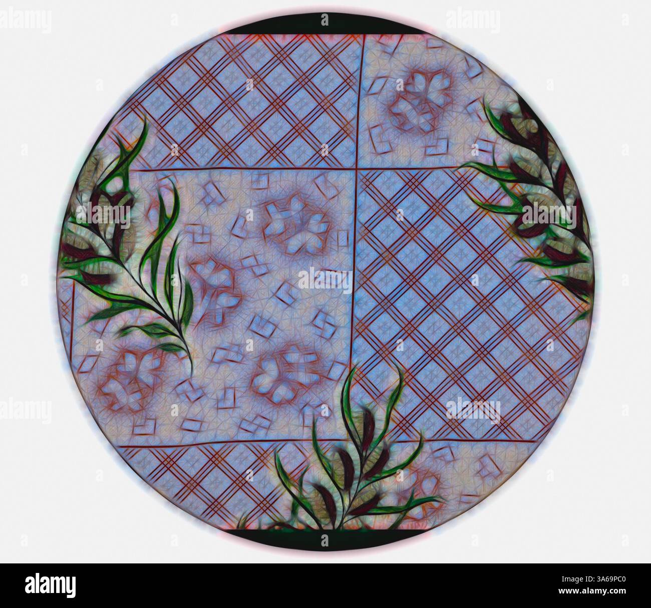 A circular design featuring intricate patterns with shades of blue and ...
