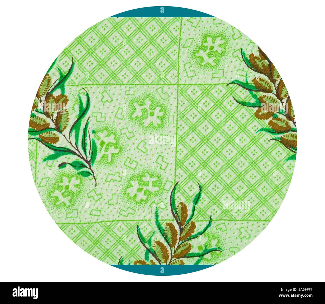 A vibrant fabric featuring intricate patterns of geometric shapes and ...