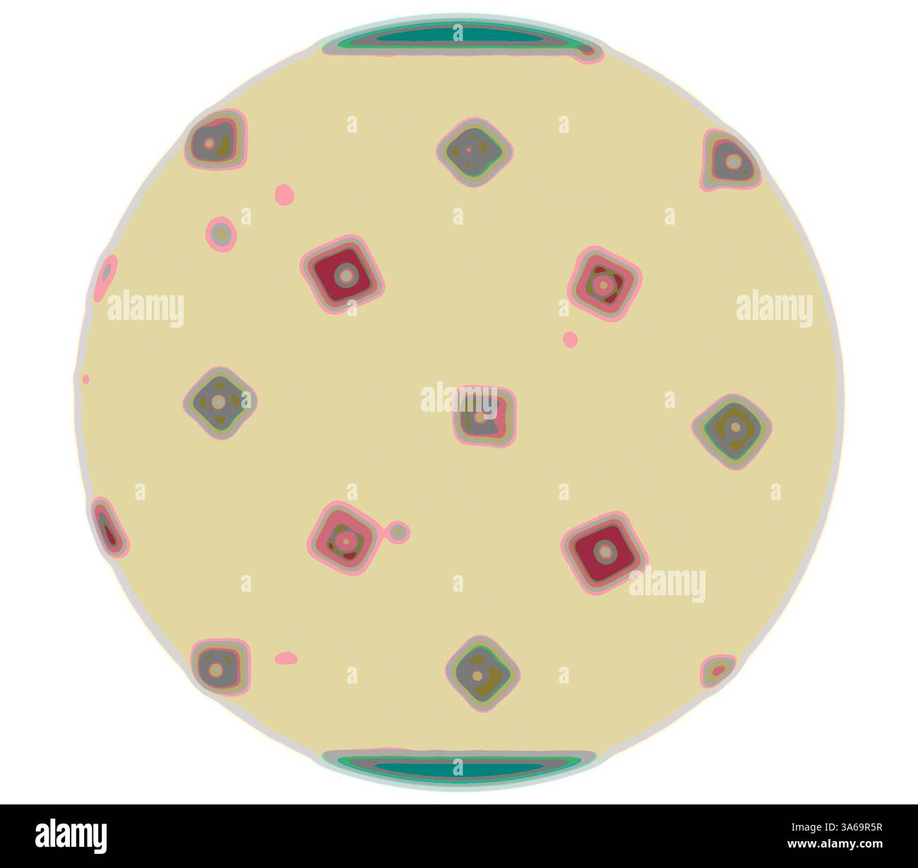 A spherical object adorned with colorful, geometric shapes, including ...