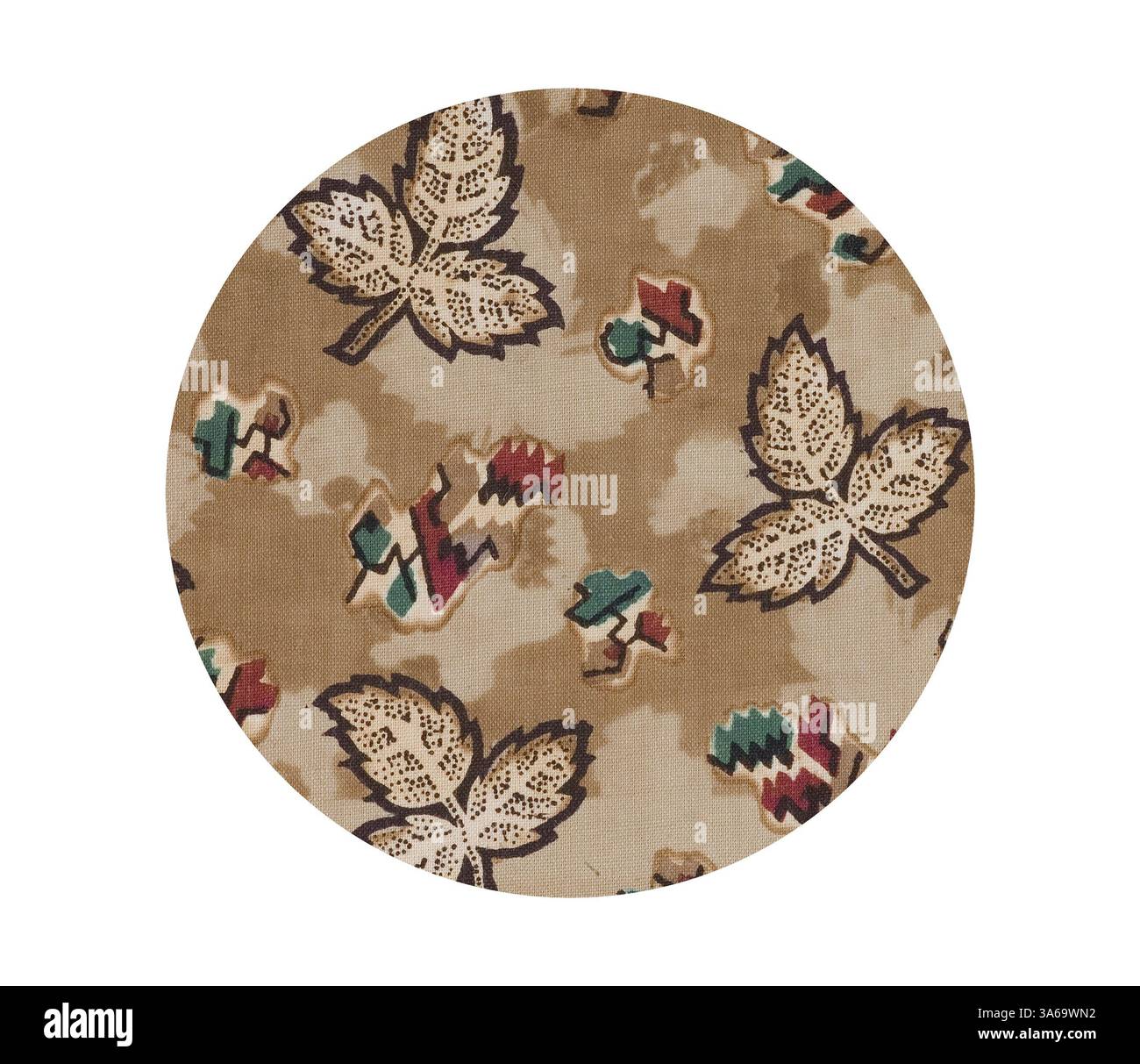 A patterned textile features various leaves and abstract shapes in ...